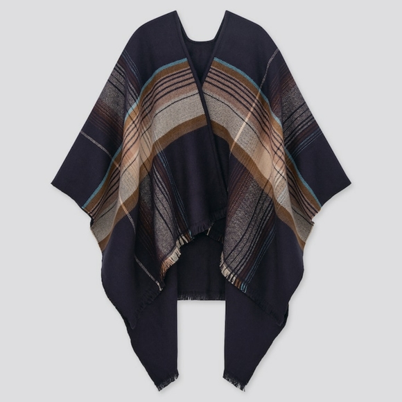 Uniqlo | Accessories | Uniqlo Two Way Stole Navy Tan Check Plaid | Poshmark